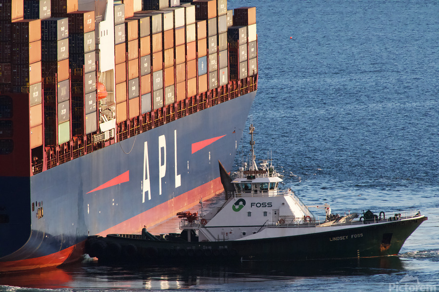Tugboat Pushing Back Container Ship at Sunset by Rik Katz Wall Art