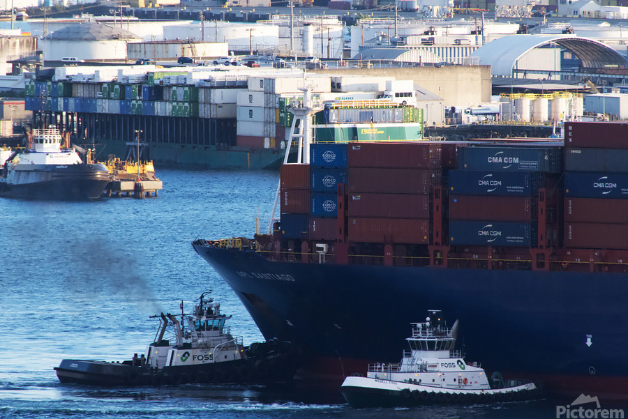 Tugboats Pushing Out Container Ship by Rik Katz Wall Art
