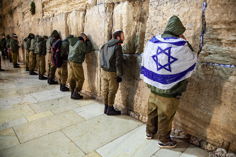 IDF Tsahal Soldiers Praying at the Kotel Western Wall with Israeli Blue ...