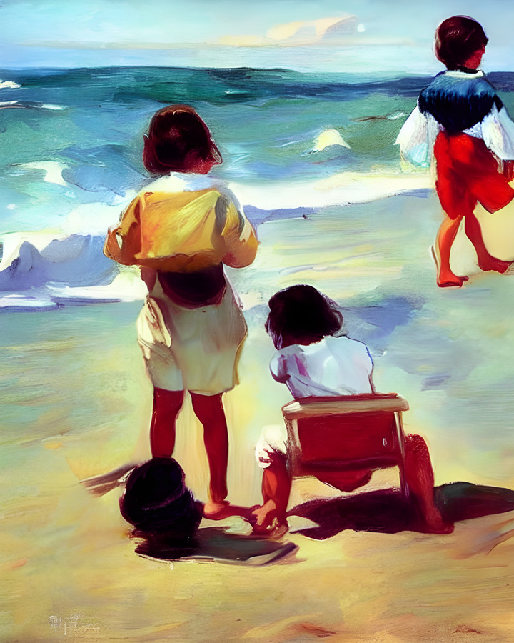 AI art sorolla inspired children at the beach by TOPARTGALLERY Wall Art
