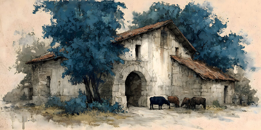 Old Mission Farm – Cows by the Stone Arch by Savage Art Prints Wall Art