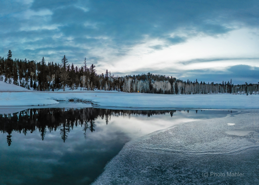Iced over pond at sunset by Photo Mahler Wall Art