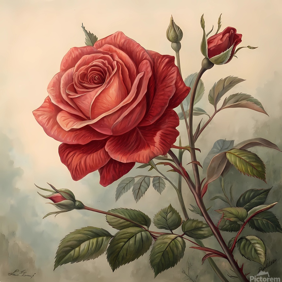 painting of a vintage style red rose by rassam Wall Art