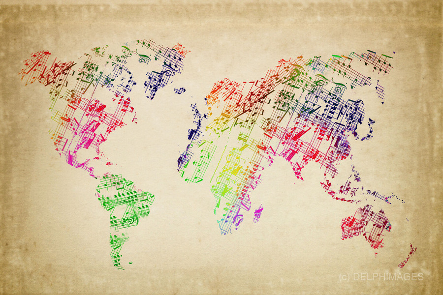 Music notes world map by DELPHIMAGES Wall Art