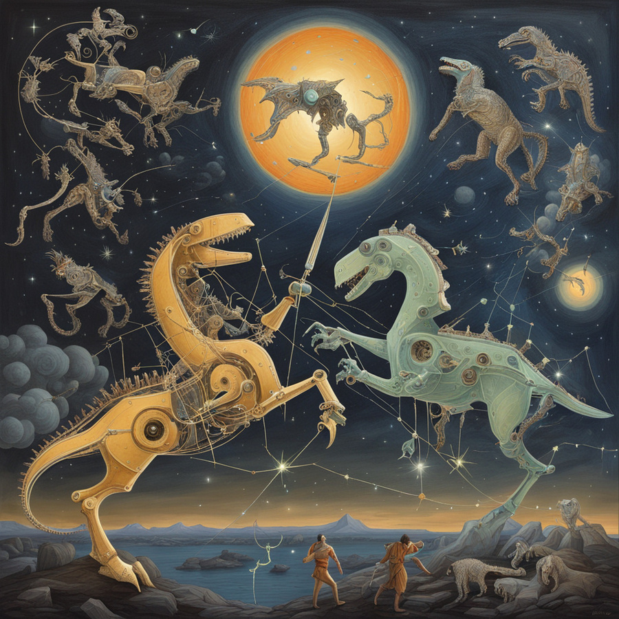 Mechanical creatures crafting luminous constellations in the night sky ...