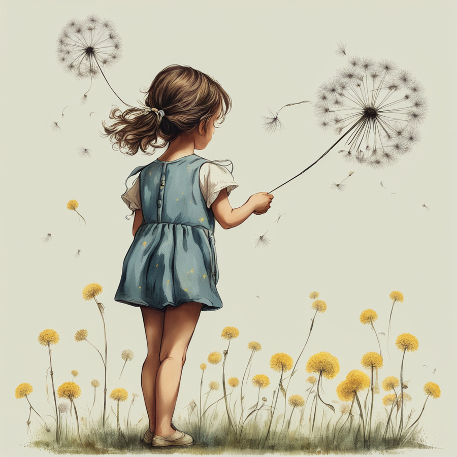 Spanish Little Girl backside showing flying with dandelions in air ...