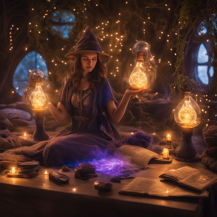 Enchanted mage workshop retreat with glowing lights by AIGALLERY Wall Art