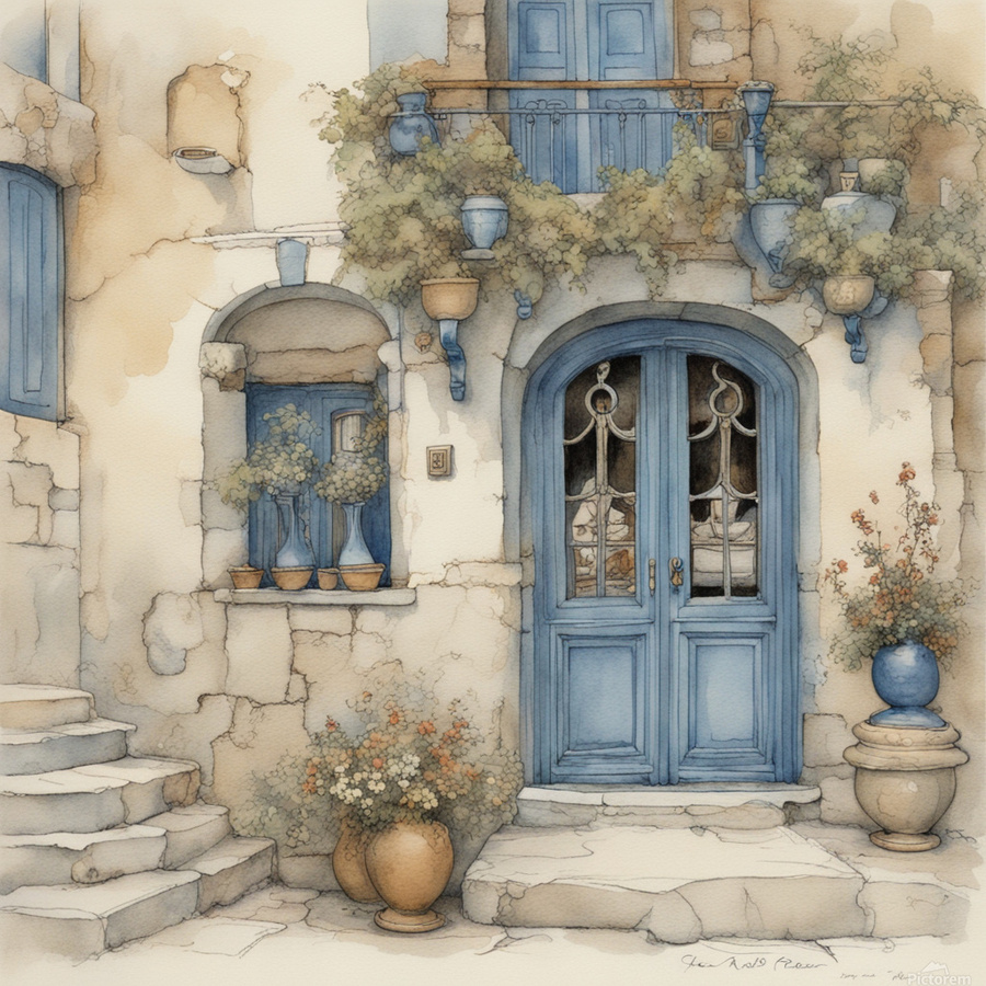 Style by Anton Pieck by Hugo Pratt typical Greek village blue railing ...