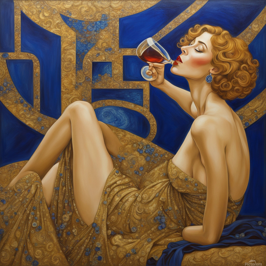 PHOTOREALISTIC LADY drinking wine Champaign ART DECO GUSTAV KLIMT GOLD ROYAL BLUE DALI STYLE Van ...