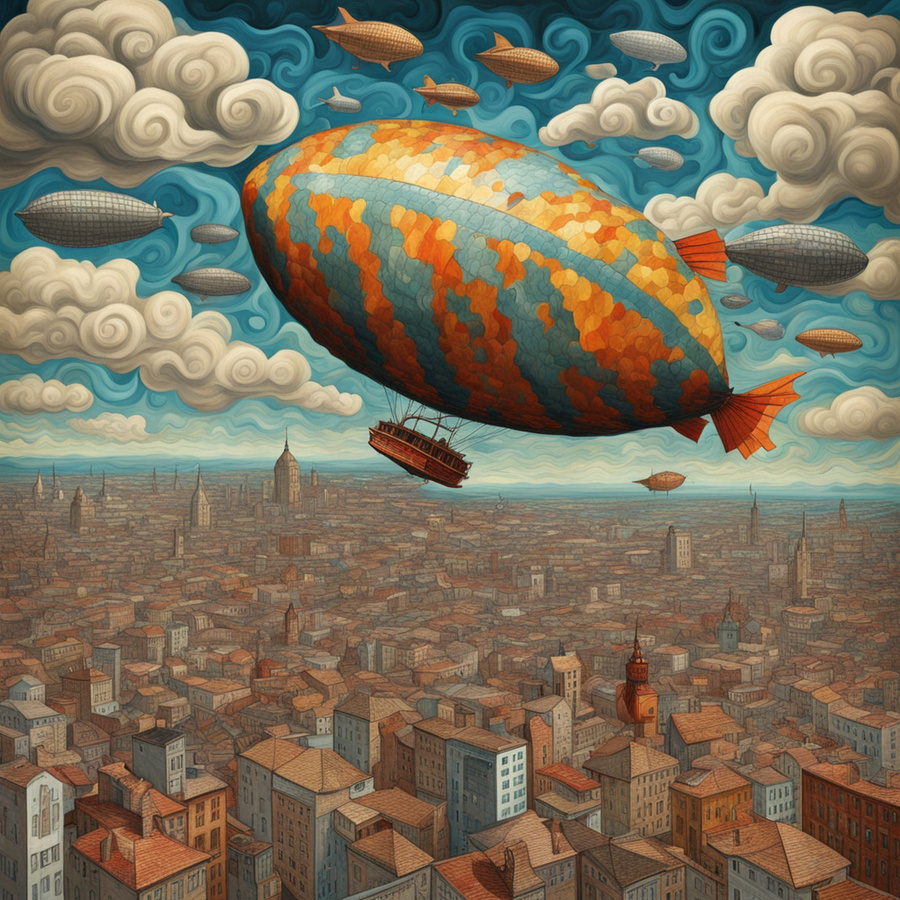 Magic-infused cityscape moritz escher sky and blimp Van Gogh style by ...