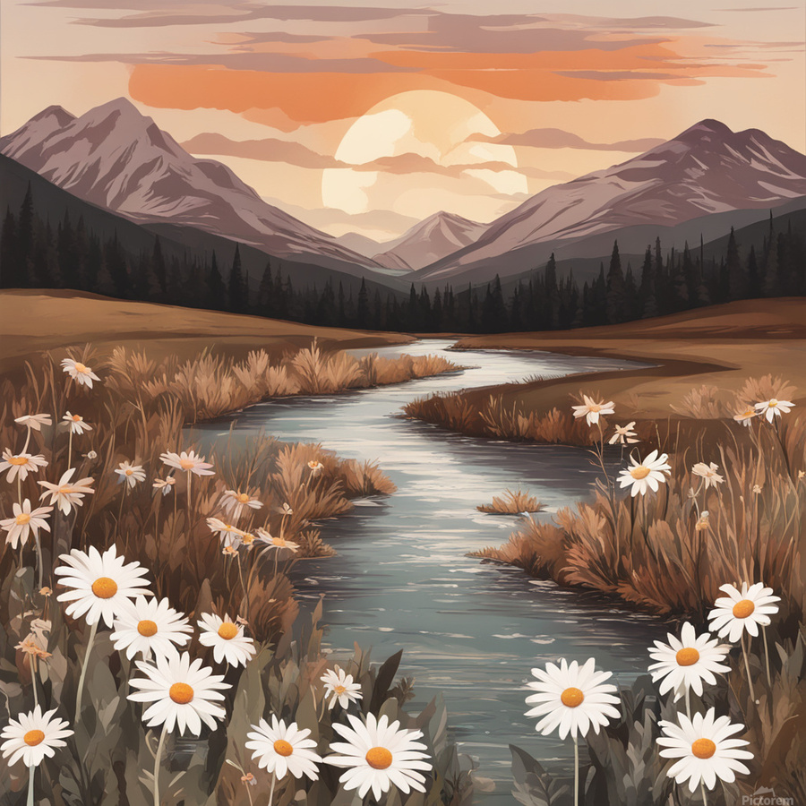 Boho Daisy Mountain Sunset WITH RIVER Landscape Art Print | Earth Tones ...