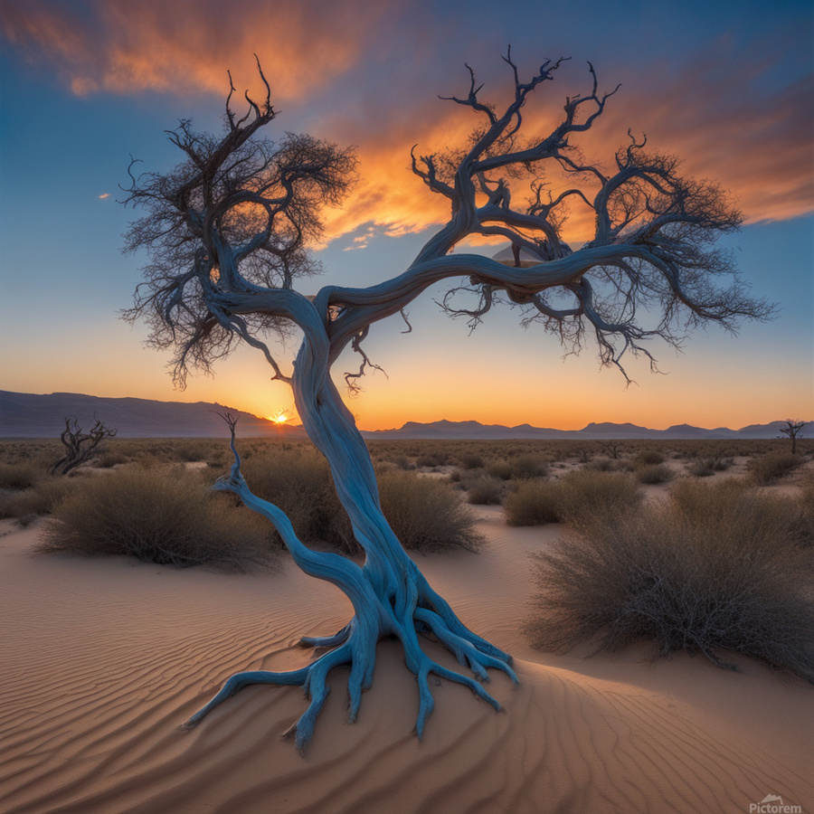 A photograph of a solitary twisted tree with silvery-blue foliage ...