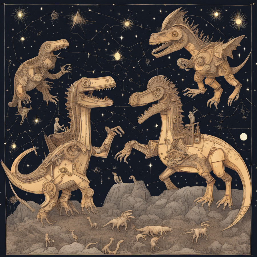 Mechanical creatures crafting luminous constellations in the night sky ...