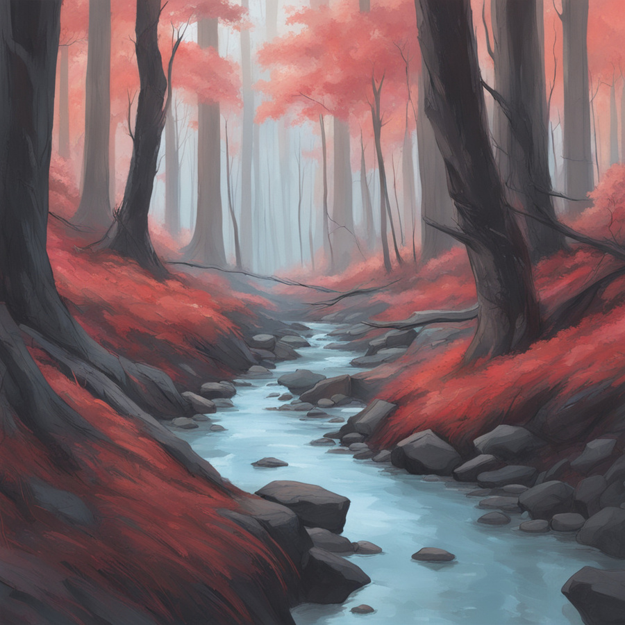 exploring realistic looking forest setting with pale red and pale blue ...