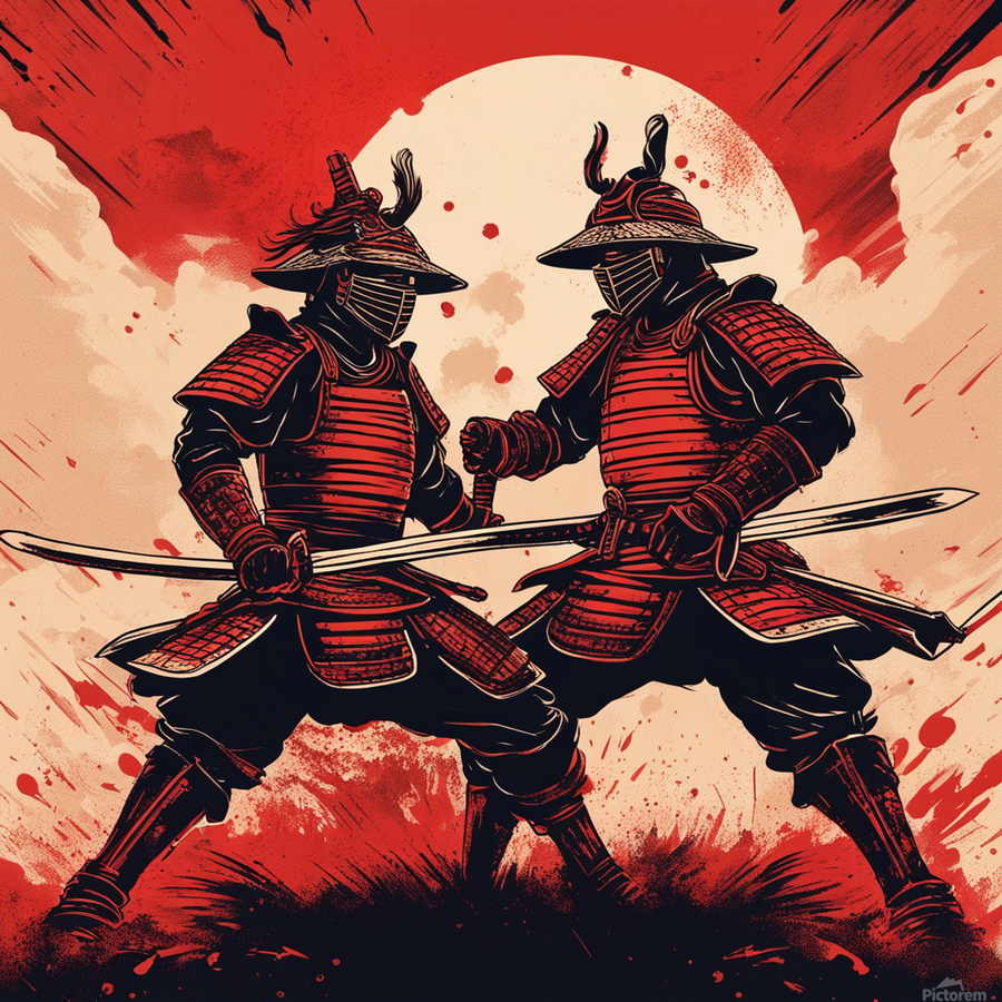 Vibrant retro-style illustration of two armored samurai in fierce ...
