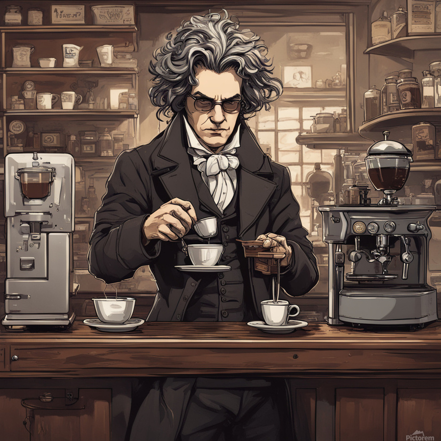 Beethoven as a barista making coffee at an antique espresso machine in ...