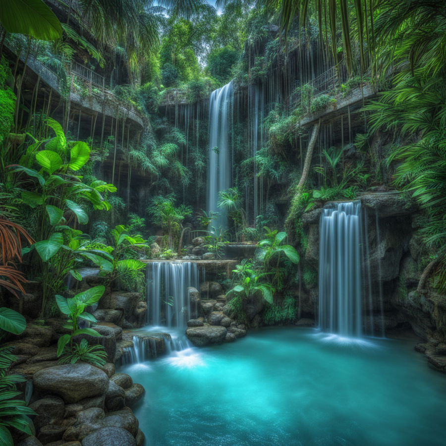 High dynamic range enchanted Jungle waterfall retreat with magic pale ...