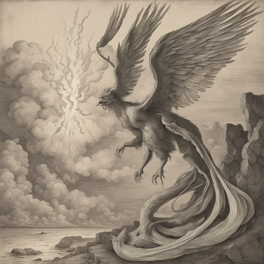 Fire-breathing phoenix ascent stand off Albrecht Dürer Dali style by ...