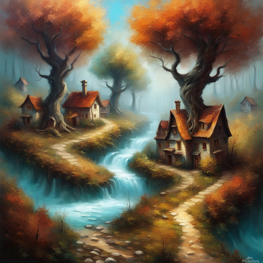 A village with houses twisted trees river in forest palette knife Mario ...