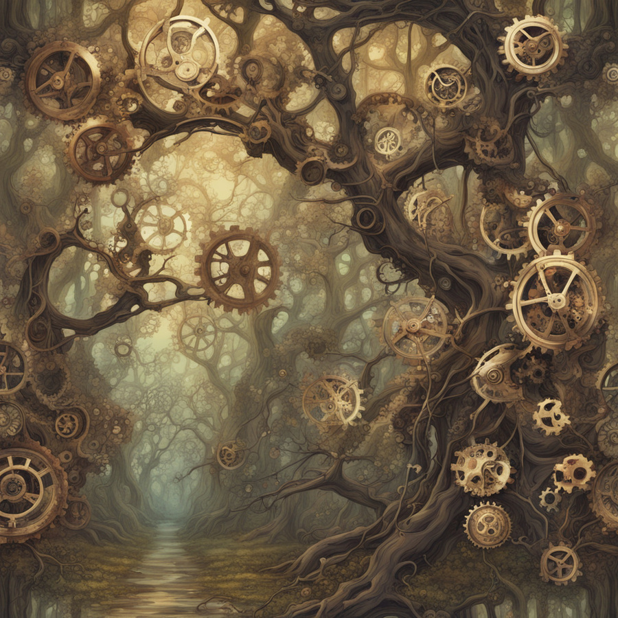 Ethereal forest of Steampunk trees with leaves of gears Impressionism ...