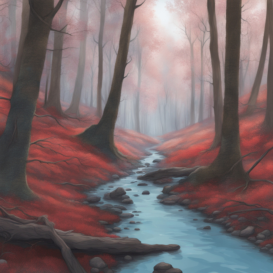 exploring realistic looking forest setting with pale red and pale blue ...