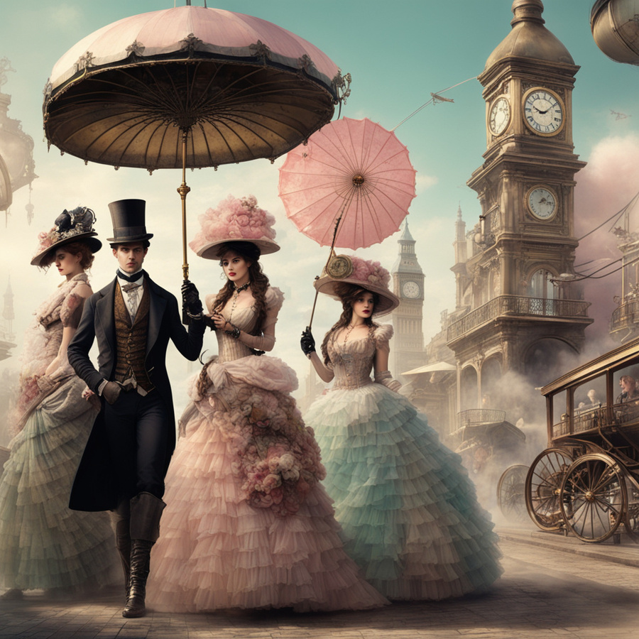 Timeless city with men in top hats and women in long dresses with ...