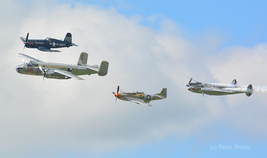 Red Bull Formation P-38 B-25 F4U Corsair F8F Bearcat by Ross Sharp Wall Art