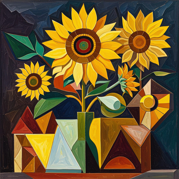 Cubist Sunflowers: A Modern Still Life by Sumer Paintings Wall Art