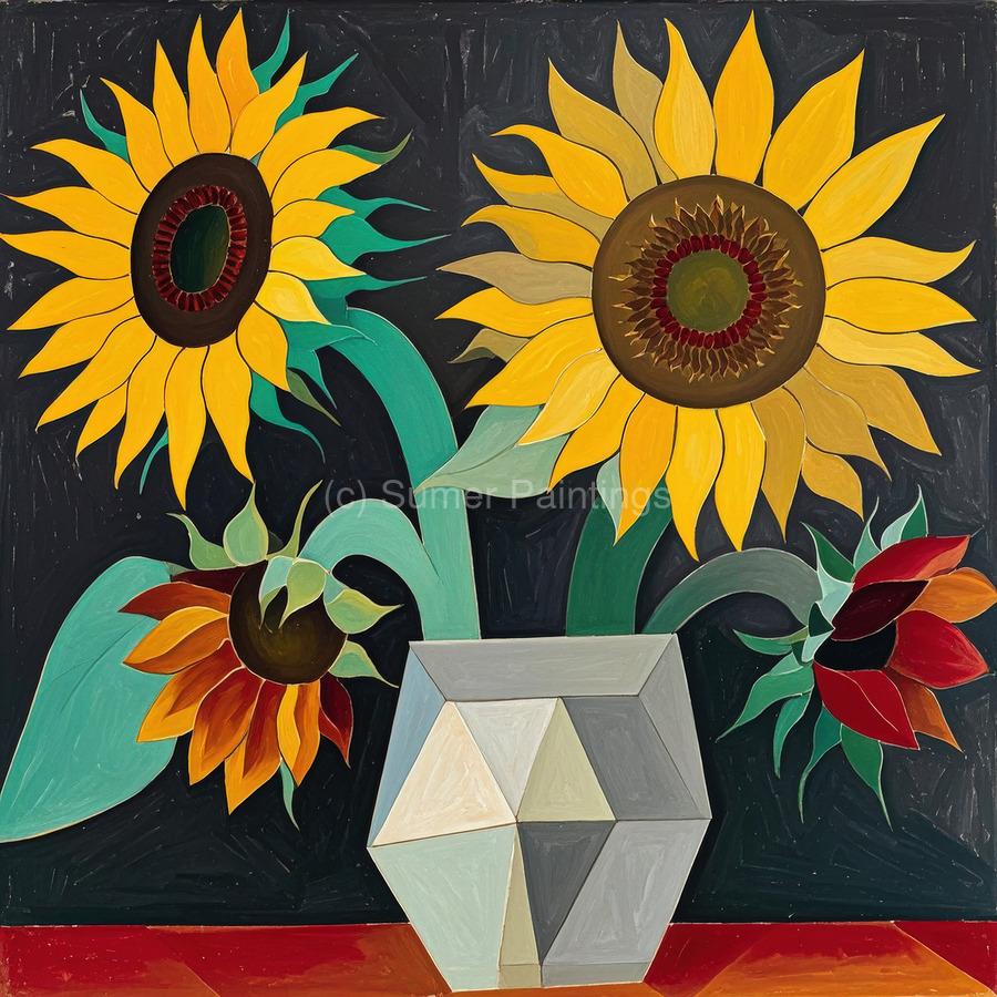Cubist Sunflowers: A Modern Still Life by Sumer Paintings Wall Art