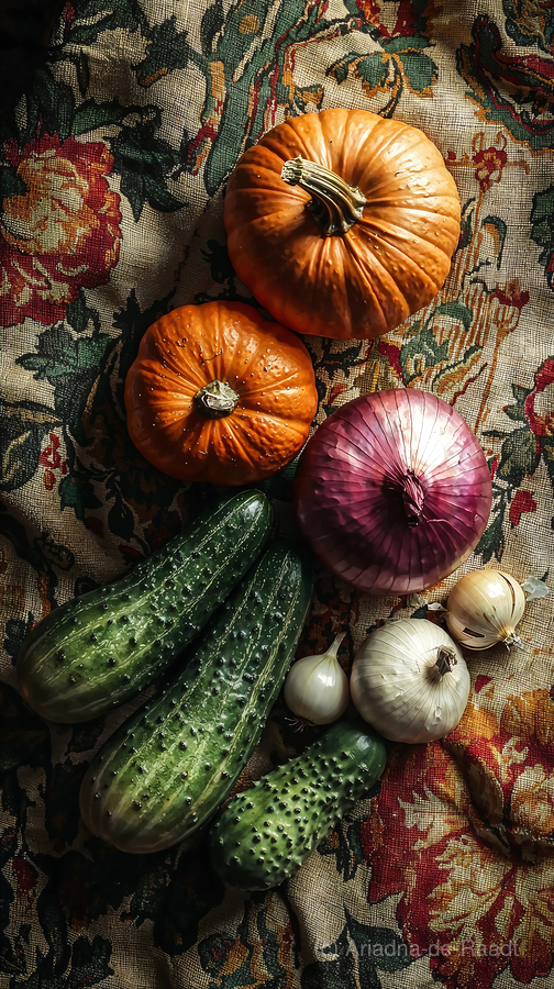 Vertical still life of fresh vegetables by Ariadna-de-Raadt Wall Art