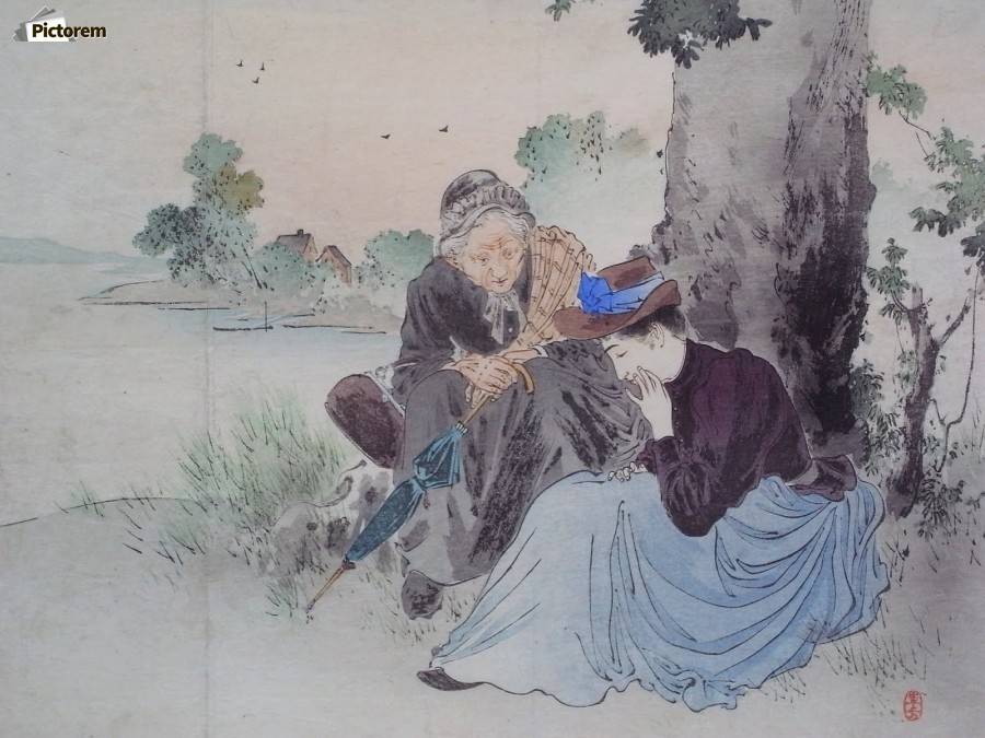 Women talking near tree by Mizuno Toshikata Wall Art