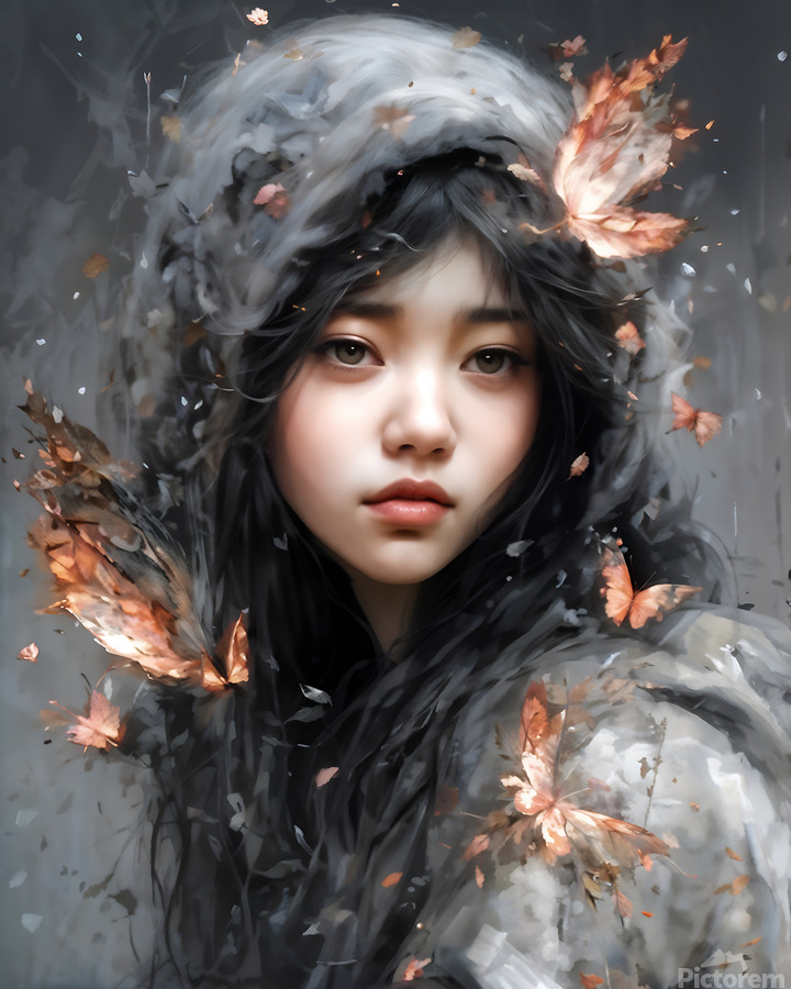 Black-haired girl and butterflies by Leiko Tar Ai art Wall Art