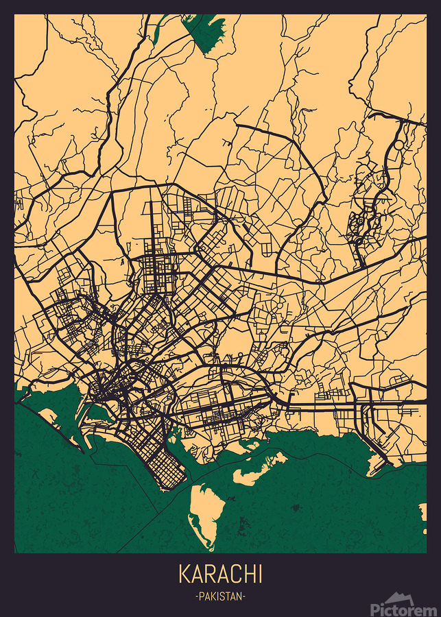 Karachi Pakistan City Street Map by Towseef Dar Wall Art