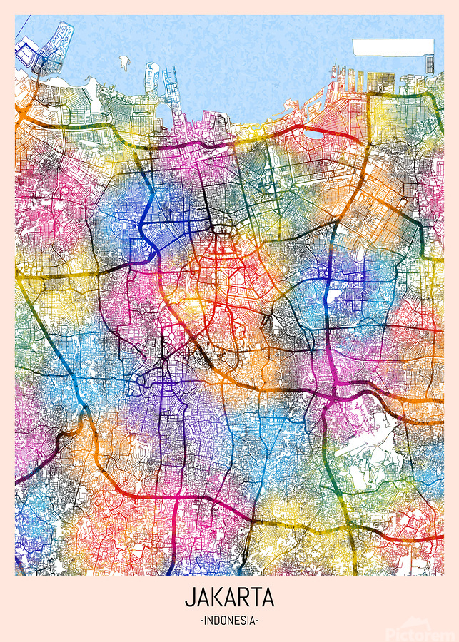 Jakarta Indonesia City Map by Towseef Dar Wall Art