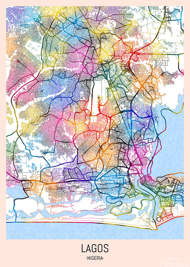 Lagos Nigeria City Map by Towseef Dar Wall Art