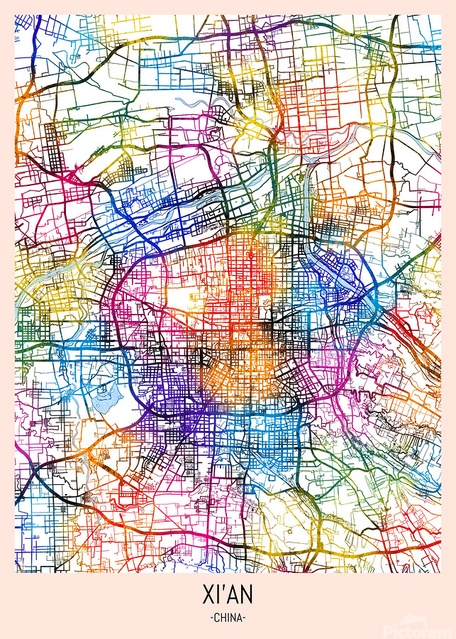 XiAn China City Map by Towseef Dar Wall Art