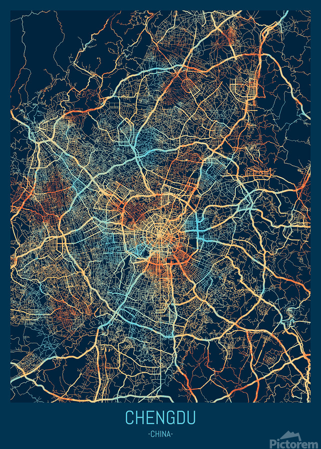 Chengdu China Map by Towseef Dar Wall Art