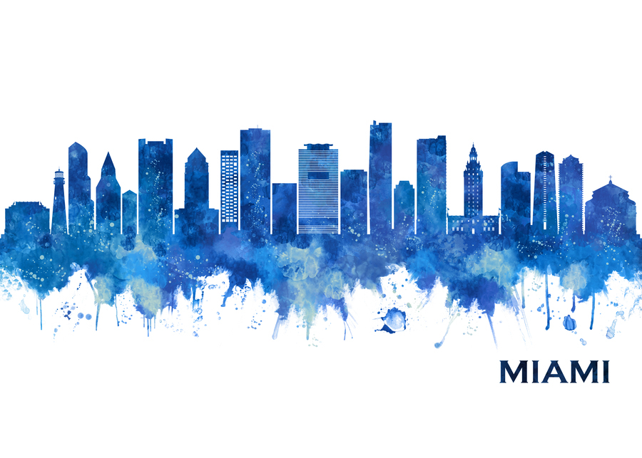 Miami Florida Skyline Blue by Towseef Dar Wall Art