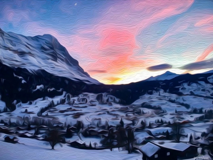 Grindelwald sunset oil painting style by By the C Media Wall Art