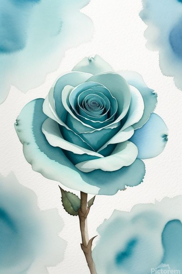 A Watercolor Drawing of a Teal Rose by Dan Santay Wall Art