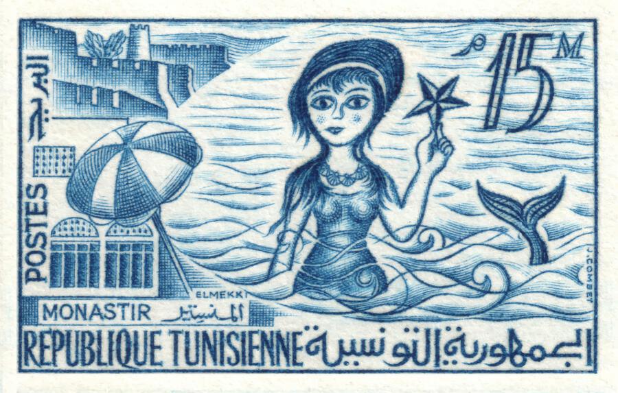 1959 TUNISIA Monastir Mermaid Postage Stamp by Retrographics Wall Art