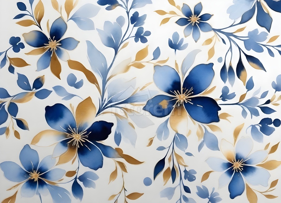 Blue and gold watercolor flowers with leaves on a by aws Wall Art