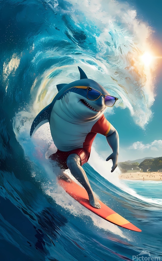 a stunning 3d render of an anthropomorphic shark by Surf Wall Art