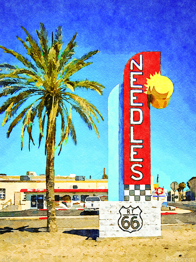 Watercolor painting of Route 66 sign in Needles California with palm ...
