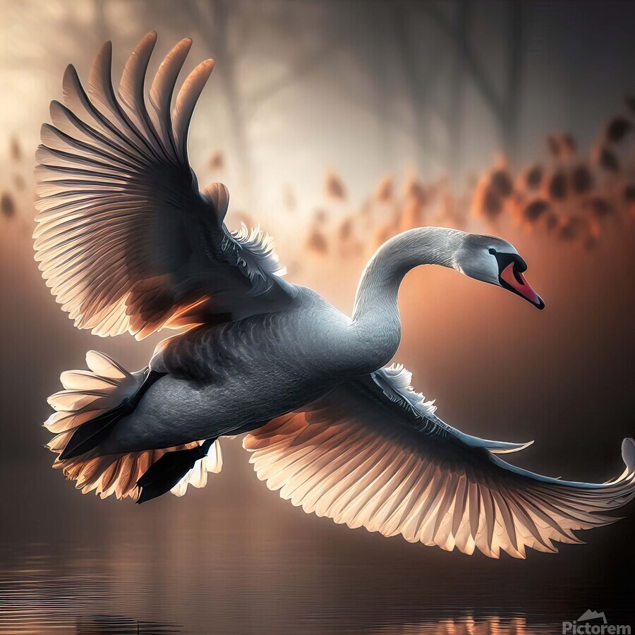 417 A grey swan Flying Through the Air With Its W by artvi Wall Art
