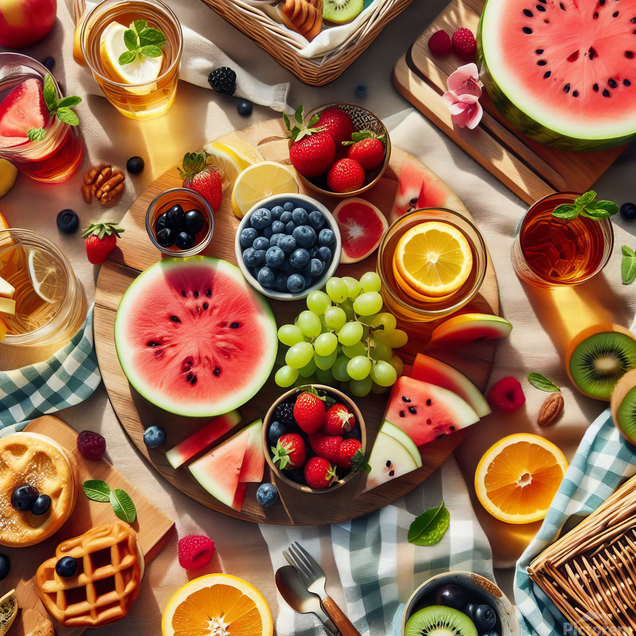 106 Summer picnic concept with fresh fruits slice by artvi Wall Art