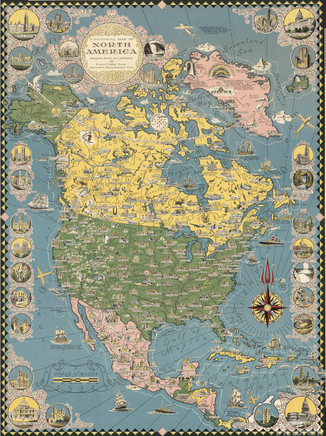 5436 pictorial map of North America by artvi Wall Art