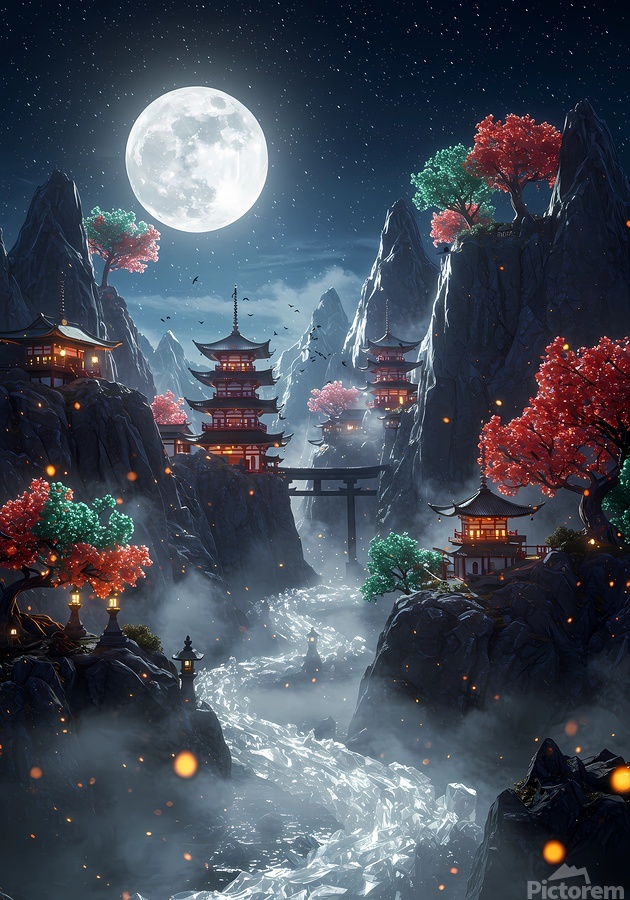 Fantasy Japanese Night Landscape with Golden Trees and Diamond River by ...