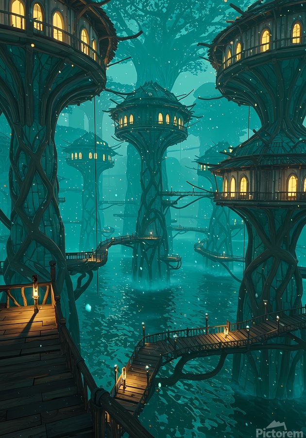 Fantasy Treehouse Village on Water by Design Aura Wall Art