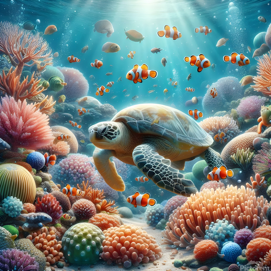 Turtle dance of coral reefs by Nature s Reflections Wall Art